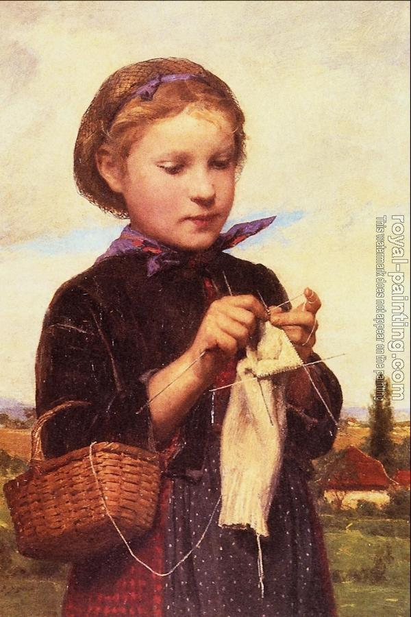 Girl knitting by Albert Anker | Oil Painting Reproduction