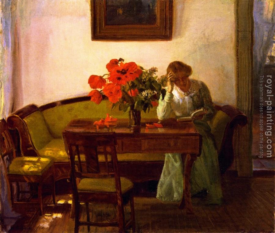 Interior with red poppies by Anna Ancher | Oil Painting Reproduction