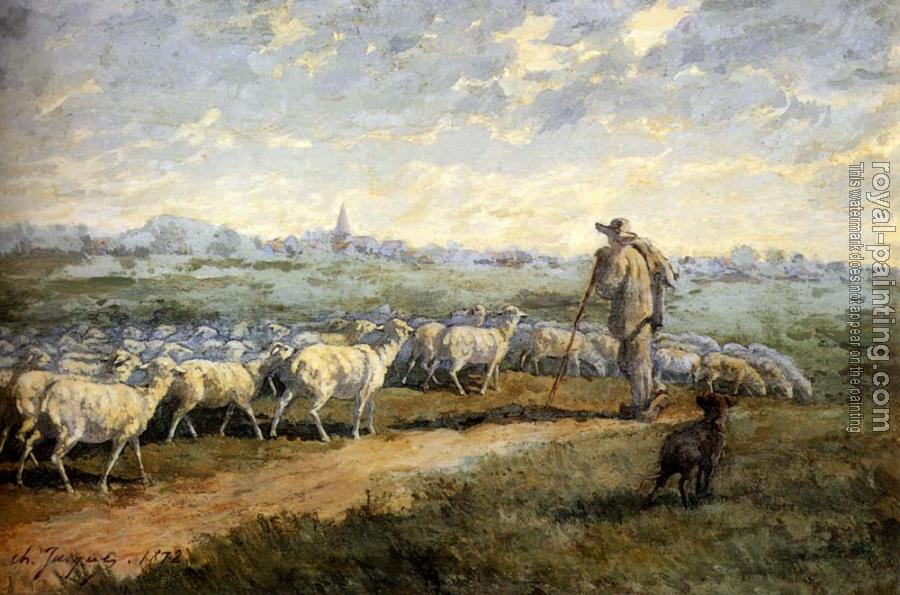 Landscape With A Flock Of Sheep by Charles Emile Jacque | Oil Painting ...
