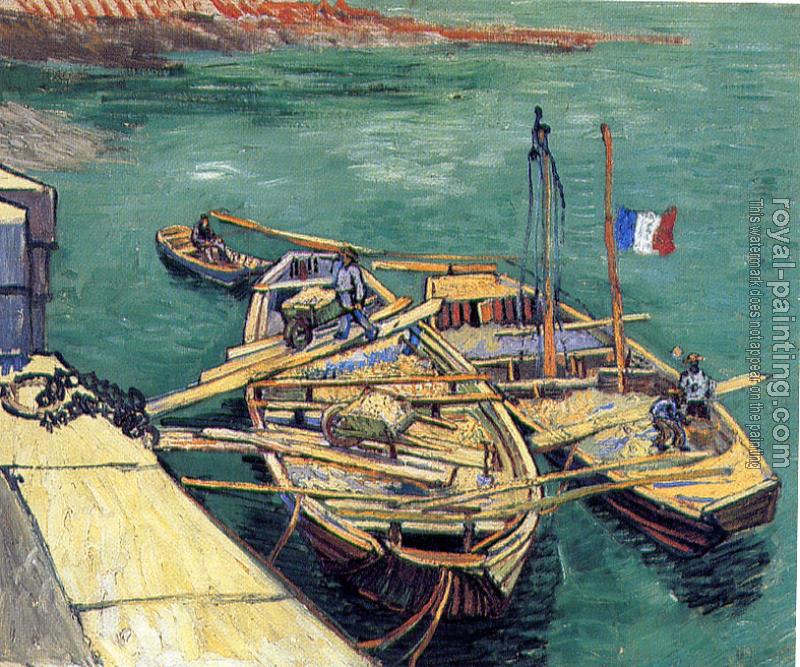 Quay with men unloading sand barges by Vincent Van Gogh | Oil Painting ...