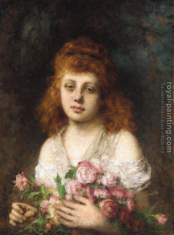Auburn haired Beauty with Bouquet of Roses by Alexei Alexeievich ...